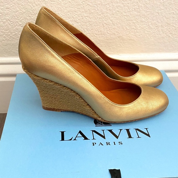 Lanvin | Shoes | Lanvin Paris Gold Espadrille Wedge Sandals Heels 9 ...